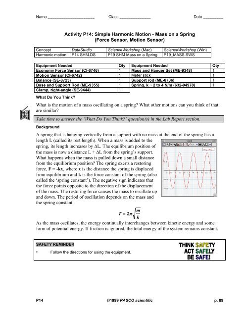 Activity P14: Simple Harmonic Motion - Mass on a Spring (Force ...