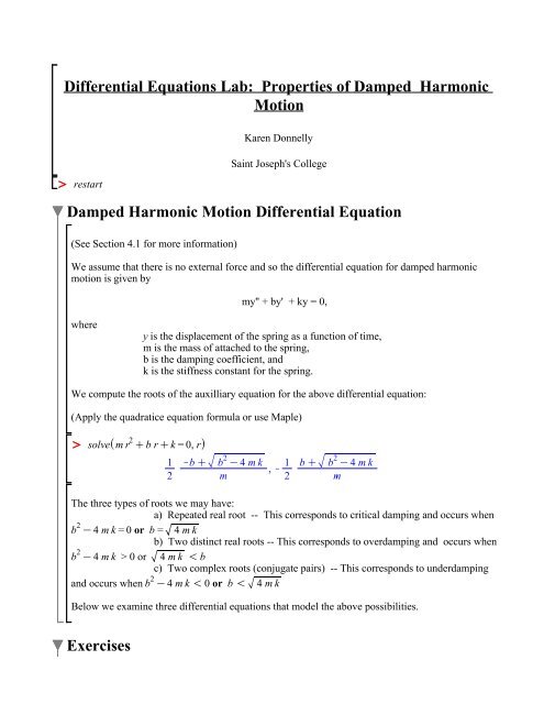 Differential Equations Lab: Properties of Damped Harmonic Motion ...