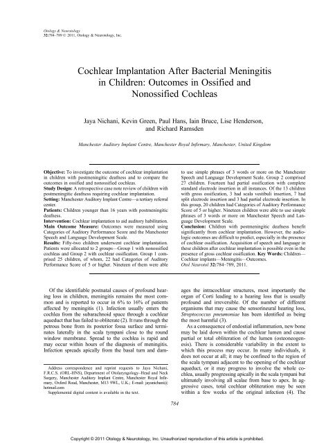 Cochlear Implantation After Bacterial Meningitis in Children ...