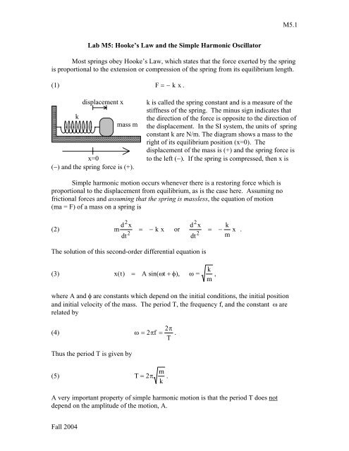 Lab M5: Hooke's Law and the Simple Harmonic Oscillator