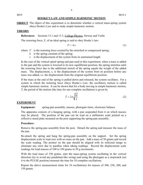 5 M19 M19.1 HOOKE'S LAW AND SIMPLE HARMONIC MOTION ...