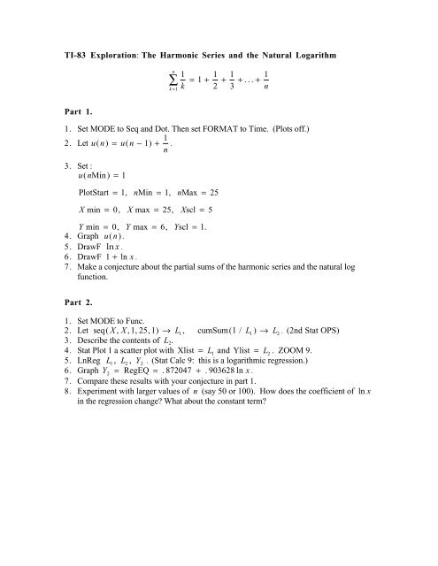 TI-83 Exploration: The Harmonic Series and the Natural Logarithm 1 ...
