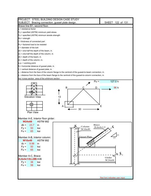 Bracing connection, gusset plate design. Brace line B1