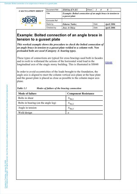 Example: Bolted connection of an angle brace in tension to a gusset ...