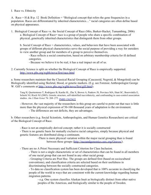 Race vs. Ethnicity & Culture Lecture Outline - Radford University