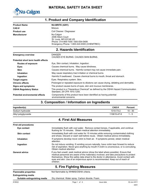 MATERIAL SAFETY DATA SHEET 1. Product and ... - Nu-Calgon