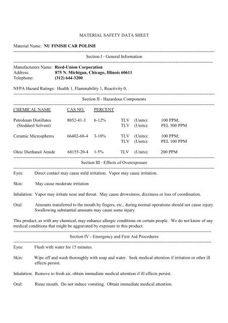 MSDS Nu Finish Car Polish
