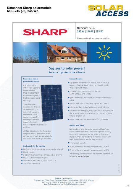 Datasheet Sharp solarmodule NU-E245 (J5) 245 Wp - Solar UK