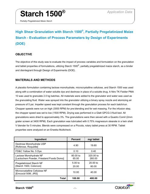 High Shear Granulation with Starch 1500®, Partially ... - Colorcon