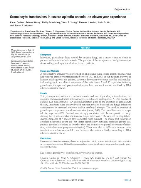 Granulocyte transfusions in severe aplastic anemia ... - Haematologica