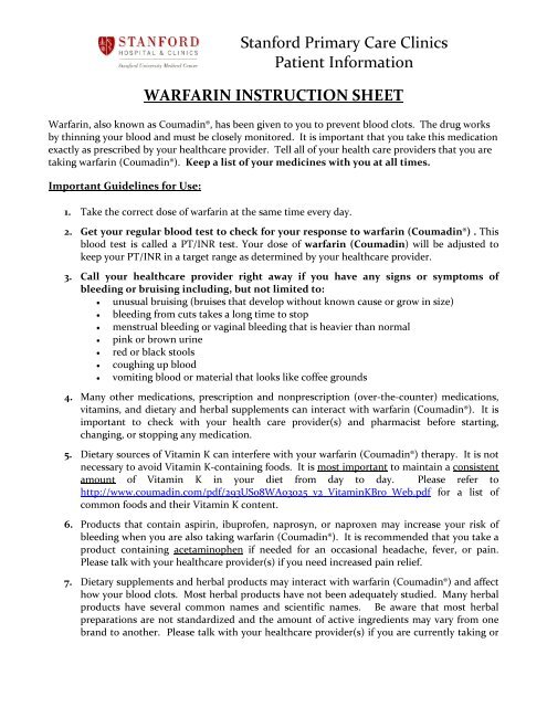 warfarin instruction sheet - Stanford Internal Medicine (SIM)