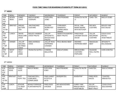Food Time Table For Boarding Students 2nd Term 2011 2012 1st Week food-time-table-for-boarding-students-2nd-term-2011-2012-1st-week