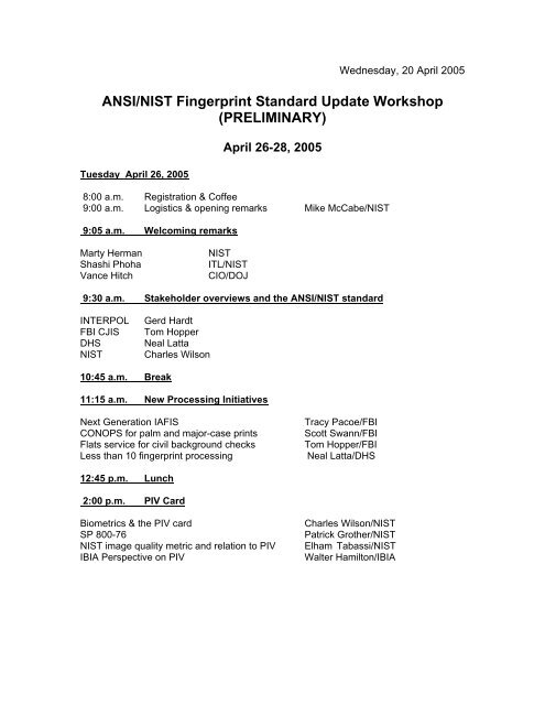 ANSI/NIST Fingerprint Standard Update Workshop (PRELIMINARY)