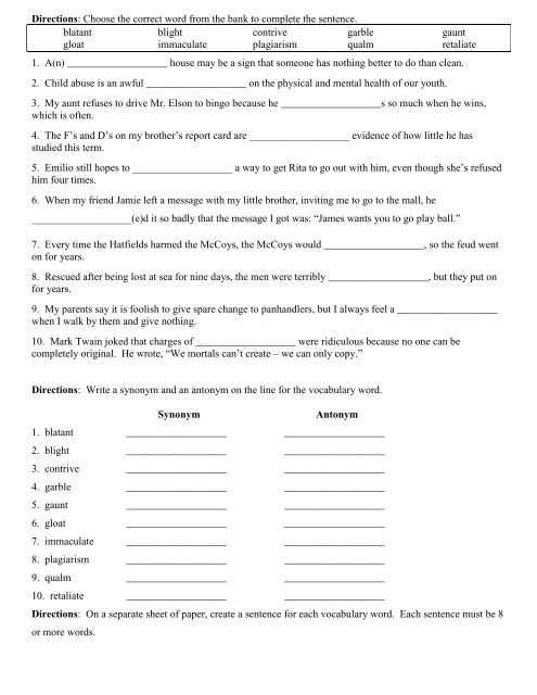 Directions Choose The Correct Word From The Bank To Complete The 