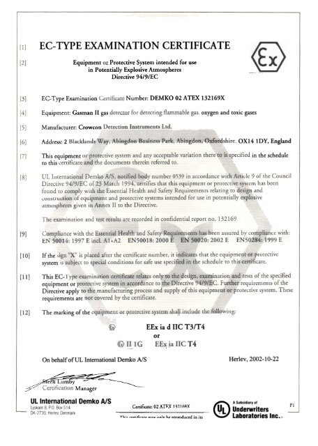 Gasman II (ATEX) Demko02ATEX132169X.pdf - Crowcon Software