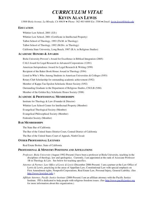 Curriculum Vitae for Kevin Alan Lewis - Biola > faculty webpages ...
