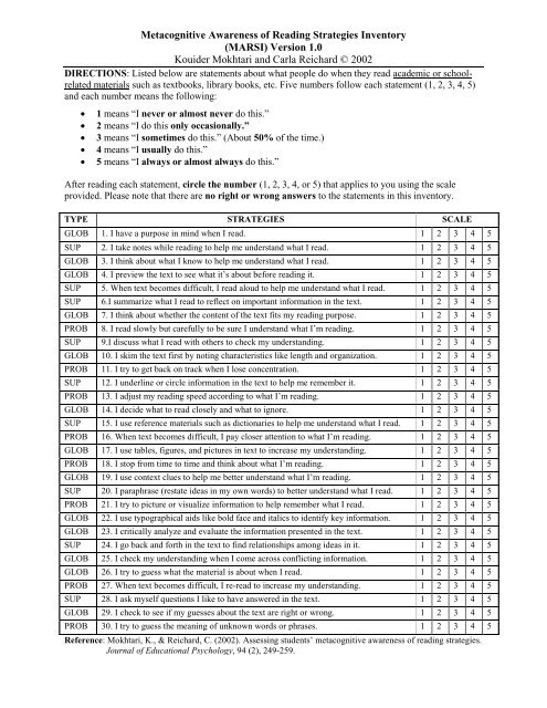 Metacognitive Awareness of Reading Strategies Inventory (MARSI ... Metacognitive Awareness of Reading Strategies Inventory (MARSI ...