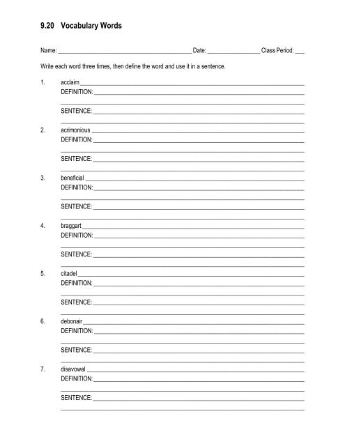 Vocabulary Handout - Student Handouts
