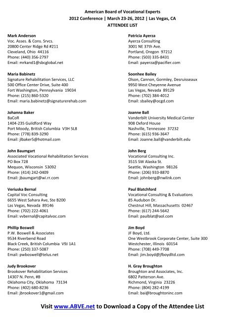 Attendee Roster 3-16-12 - ABVE - The American Board of ...