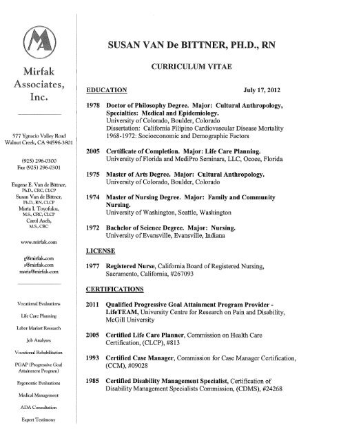 Susan K. Van de Bittner, Ph.D., RN - Mirfak Associates, Inc.