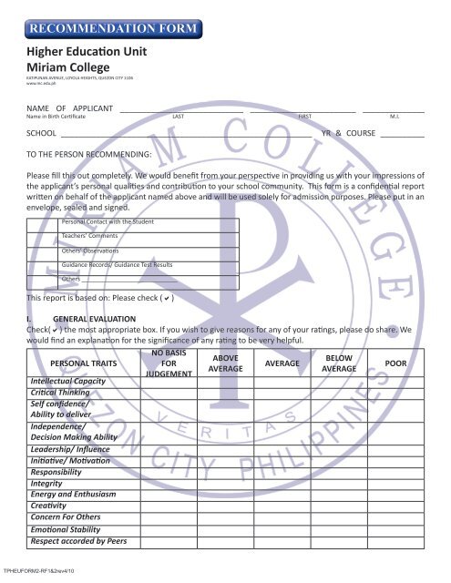 Recommendation Form - Miriam College
