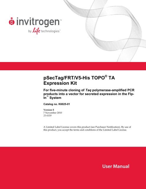 pSecTag/FRT/V5-His TOPO® TA Expression Kit - Invitrogen
