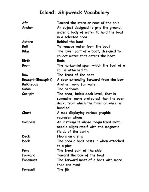 Island: Shipwreck Vocabulary