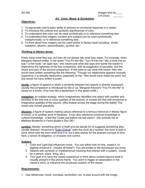 A3: Color, Mood, & Symbolism Objectives - Micajahteach.com