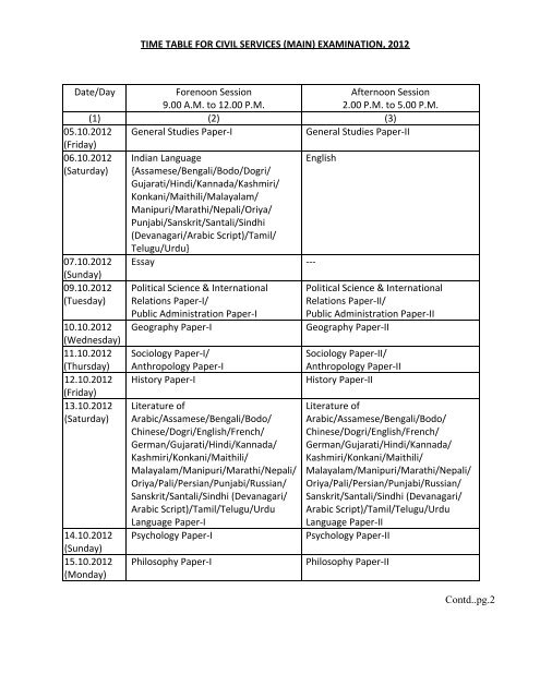 TIME TABLE FOR CIVIL SERVICES (MAIN) EXAMINATION, 2012 ...