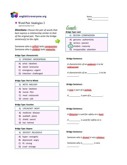 Word Pair Analogies 2 - English for Everyone