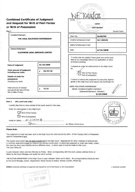Combined Certificate of Judgment and Request for Writ of Fieri ...