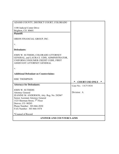 Orion answer and counterclaims - Colorado Attorney General