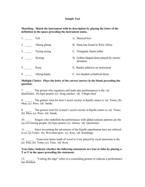 Sample Test Matching: Match the instrument with its description by ...