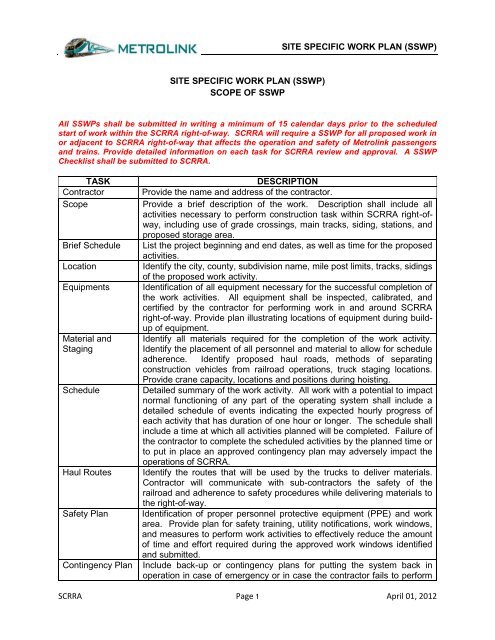 SITE SPECIFIC WORK PLAN (SSWP) SCRRA Page 1 ... - Metrolink