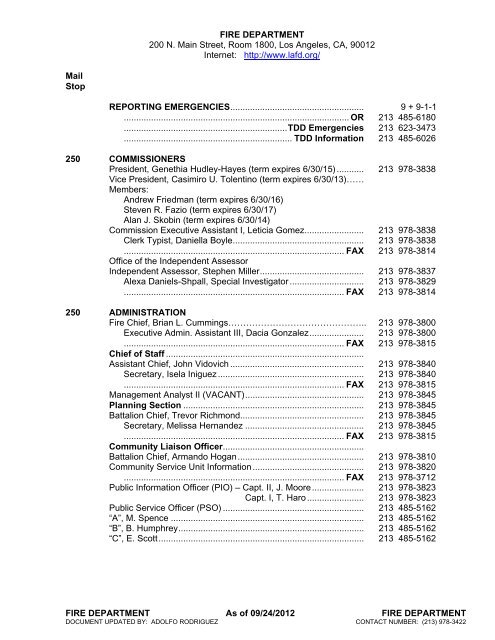 FIRE DEPARTMENT As of 09/24/2012 FIRE ... - CityFone