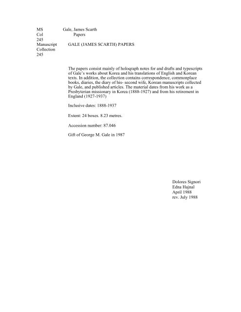 MS Gale, James Scarth Col Papers 245 Manuscript - Thomas Fisher ...