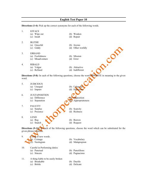 English Test Paper 10 - Thorpes Education