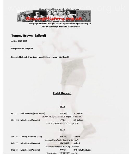 Fight Record Tommy Brown (Salford) - Nipper Pat Daly