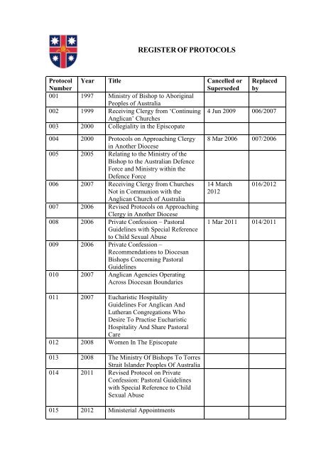 Consolidated Register and Bishops Protocols 2012 - Anglican ...