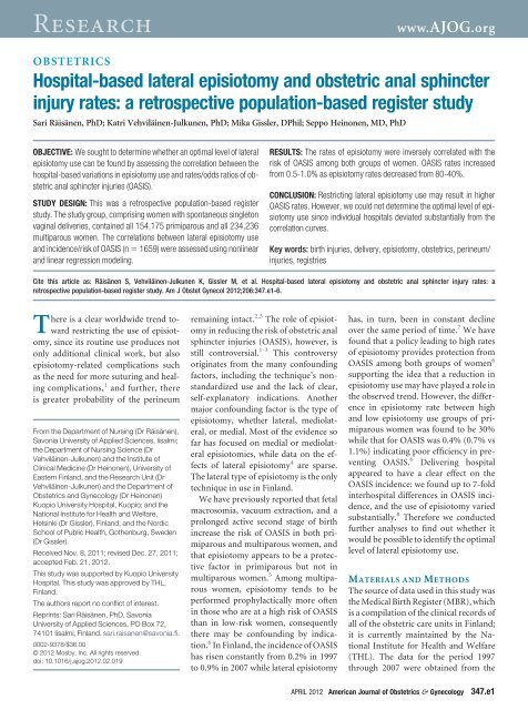 Hospital-based lateral episiotomy and obstetric anal sphincter injury ...