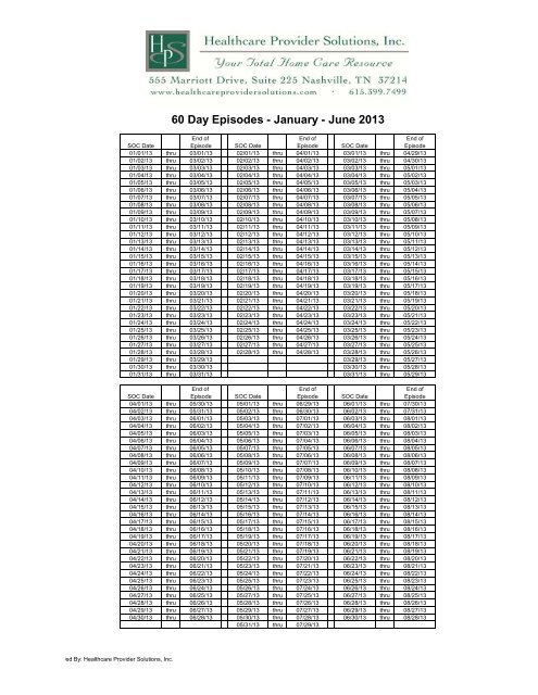60 Day Episode Calendar - Healthcare Provider Solutions 60 Day Episode Calendar - Healthcare Provider Solutions