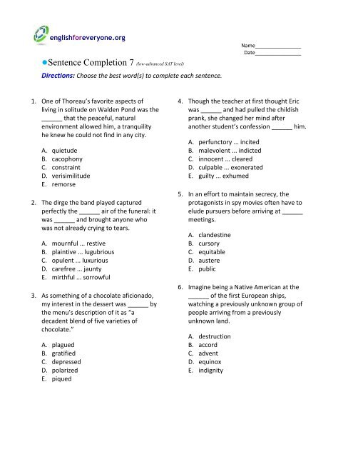 Sentence Completion 7 - English for Everyone