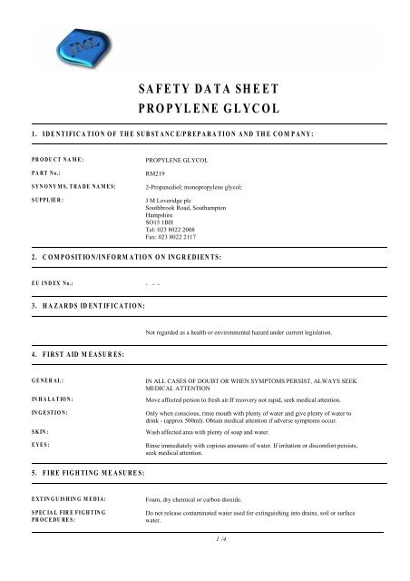 SAFETY DATA SHEET PROPYLENE GLYCOL - J.M.Loveridge plc