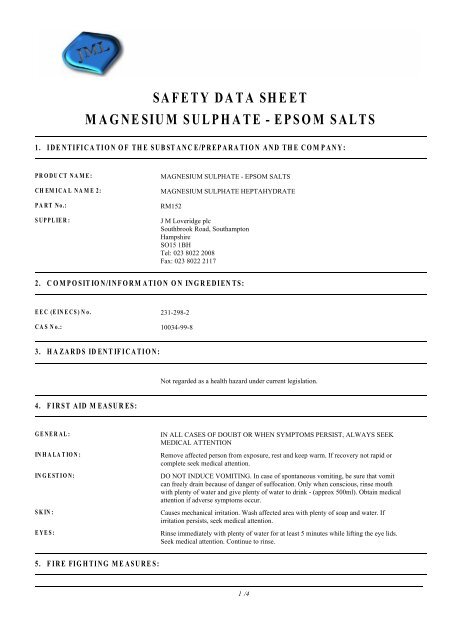 safety data sheet magnesium sulphate - epsom ... - J.M.Loveridge plc