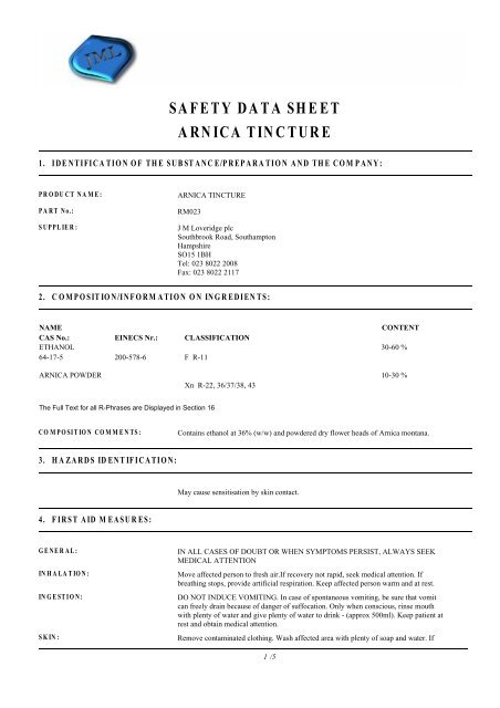 SAFETY DATA SHEET ARNICA TINCTURE - J.M.Loveridge plc