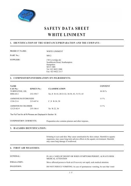 SAFETY DATA SHEET WHITE LINIMENT - J.M.Loveridge plc