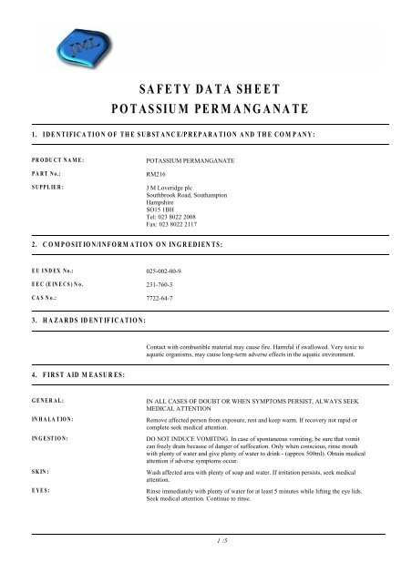Msds KMnO4 PDF Toxicity Dangerous Goods