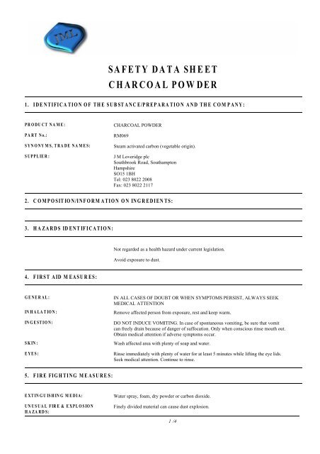 SAFETY DATA SHEET CHARCOAL POWDER - J.M.Loveridge plc