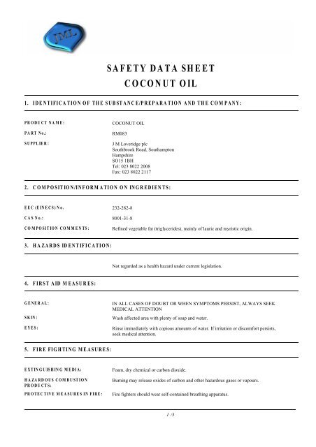SAFETY DATA SHEET COCONUT OIL - J.M.Loveridge plc