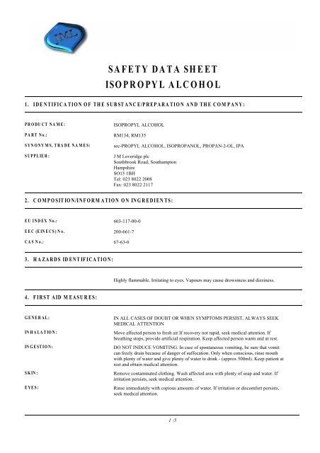 MATERIAL SAFETY DATA SHEET ISOPROPYL ALCOHOL 70, 55% OFF MATERIAL SAFETY DATA SHEET ISOPROPYL ALCOHOL 70, 55% OFF